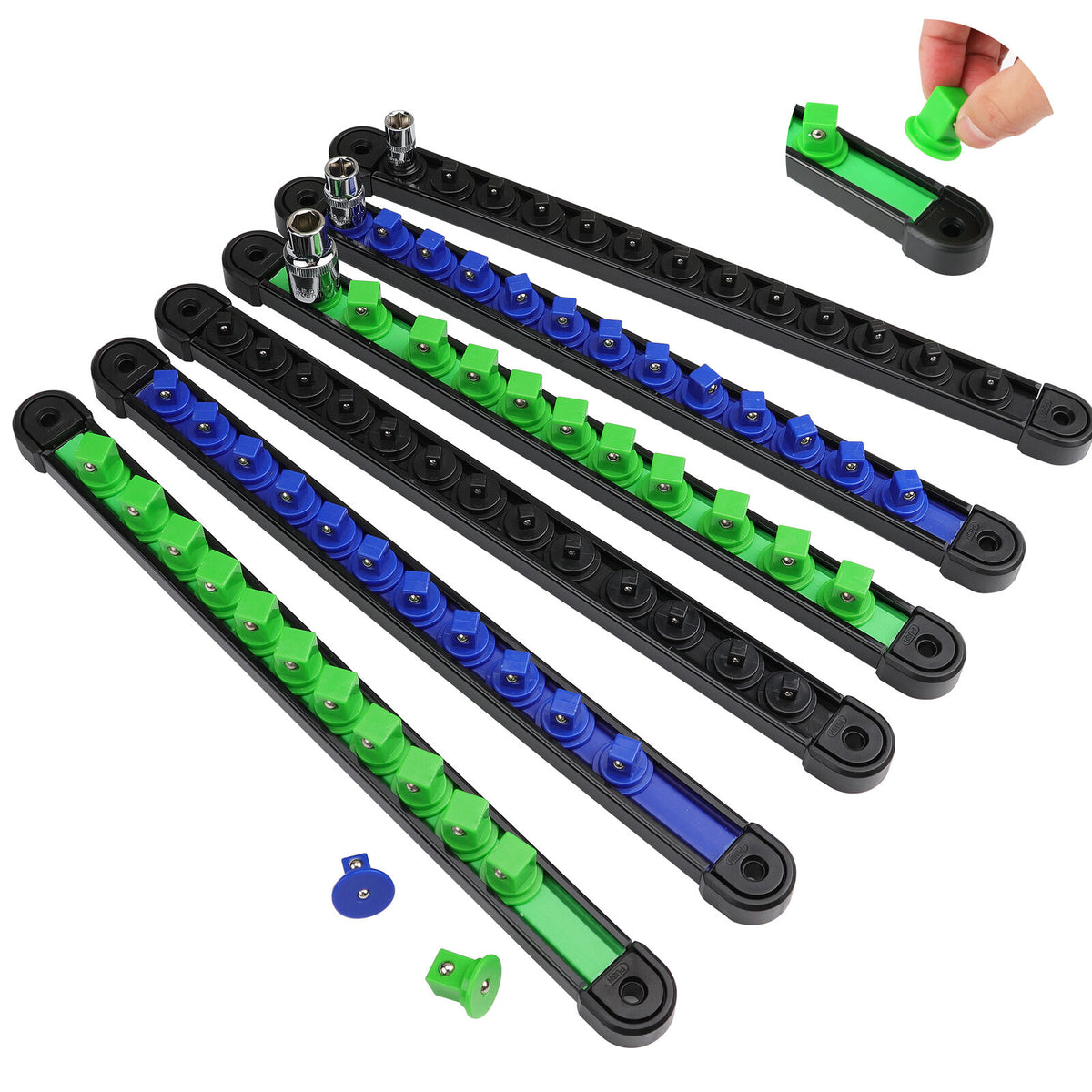 SWANLAKE 6-Piece Spring-Loaded Socket Organiser Rail Set Swivel Socket ...