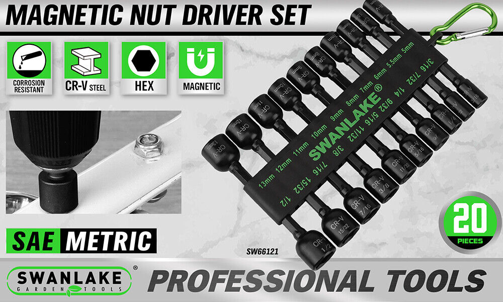 SWANLAKE 20Pcs 1/4" Power Nut Driver Set Impact Drill SAE & Metric Dri ...