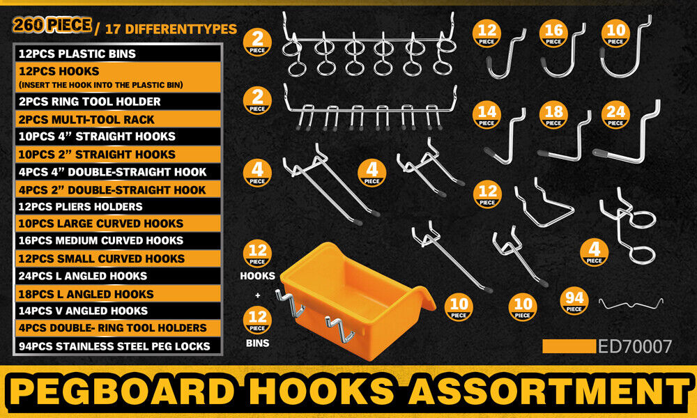 HORUSDY 260-Piece Pegboard Hooks Assortment Set, 17 Different Types of ...