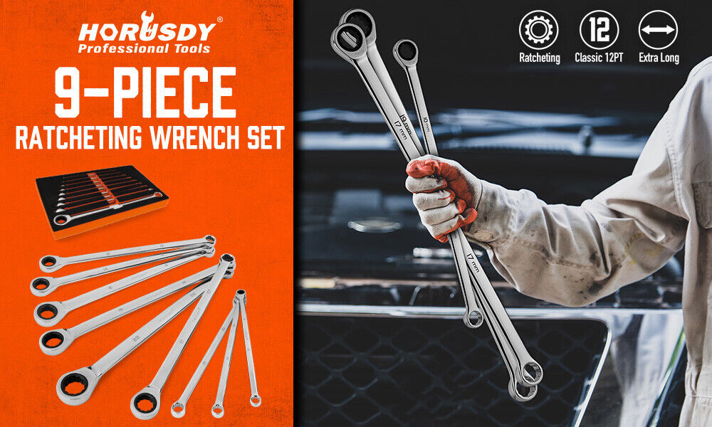 HORUSDY 9Pc Extra Long Ratchet Spanner Set Double Ring Wrench Spanners ...