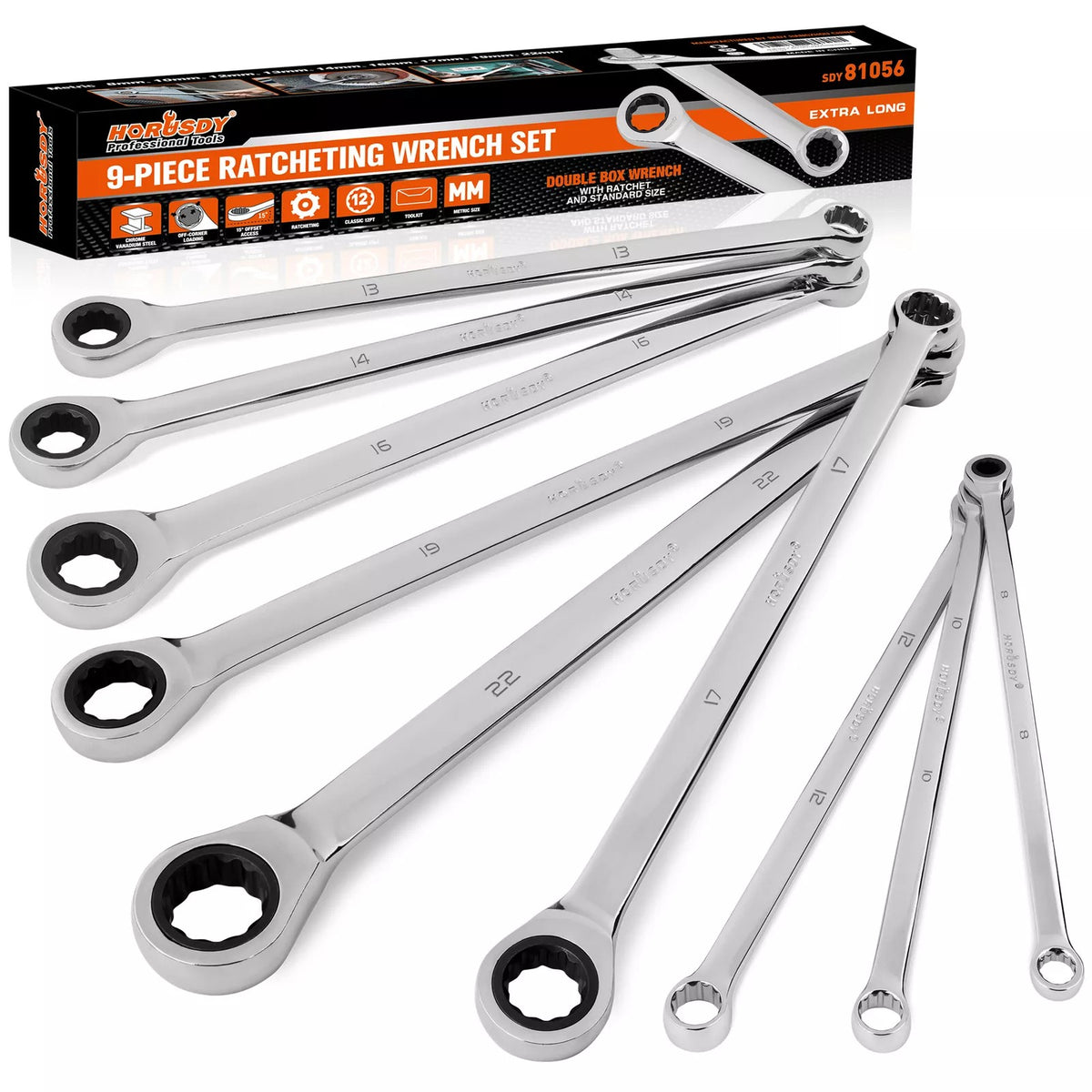 HORUSDY 9Pc Aviation Extra Long Spanner Set - Double-Ended 8-19mm Ratc ...