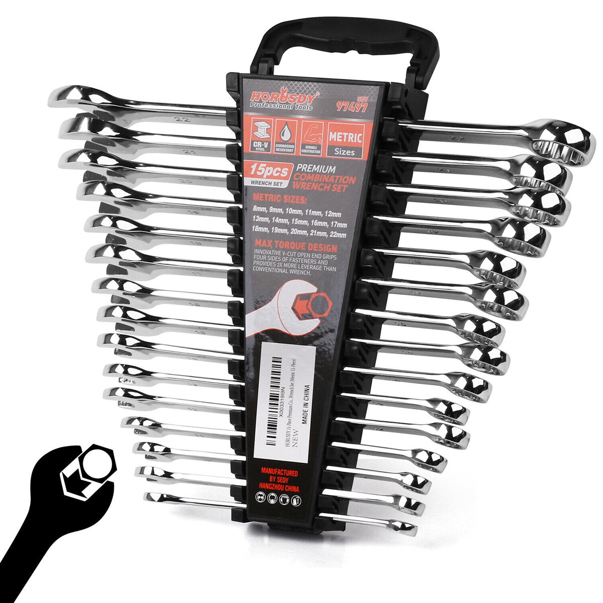 HORUSDY 15-Piece Metric Combination Spanner Set - CRV Silver Ring & Op ...