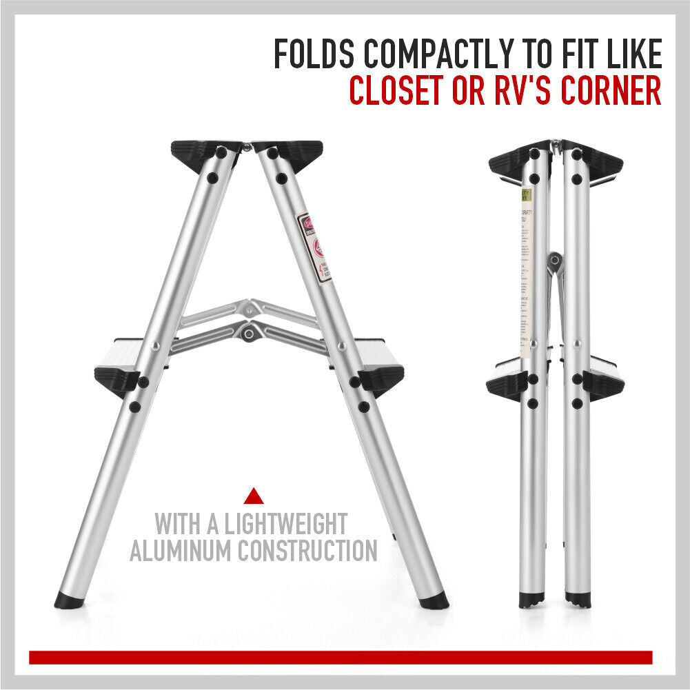 2-Step Portable Folding Ladder, Aluminum Frame Lightweight Home Ladder ...