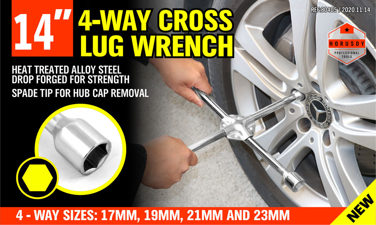 14" 4-Way Cross Wrench - Wheel Brace Spanner with 17, 19, 21, 23mm Soc ...