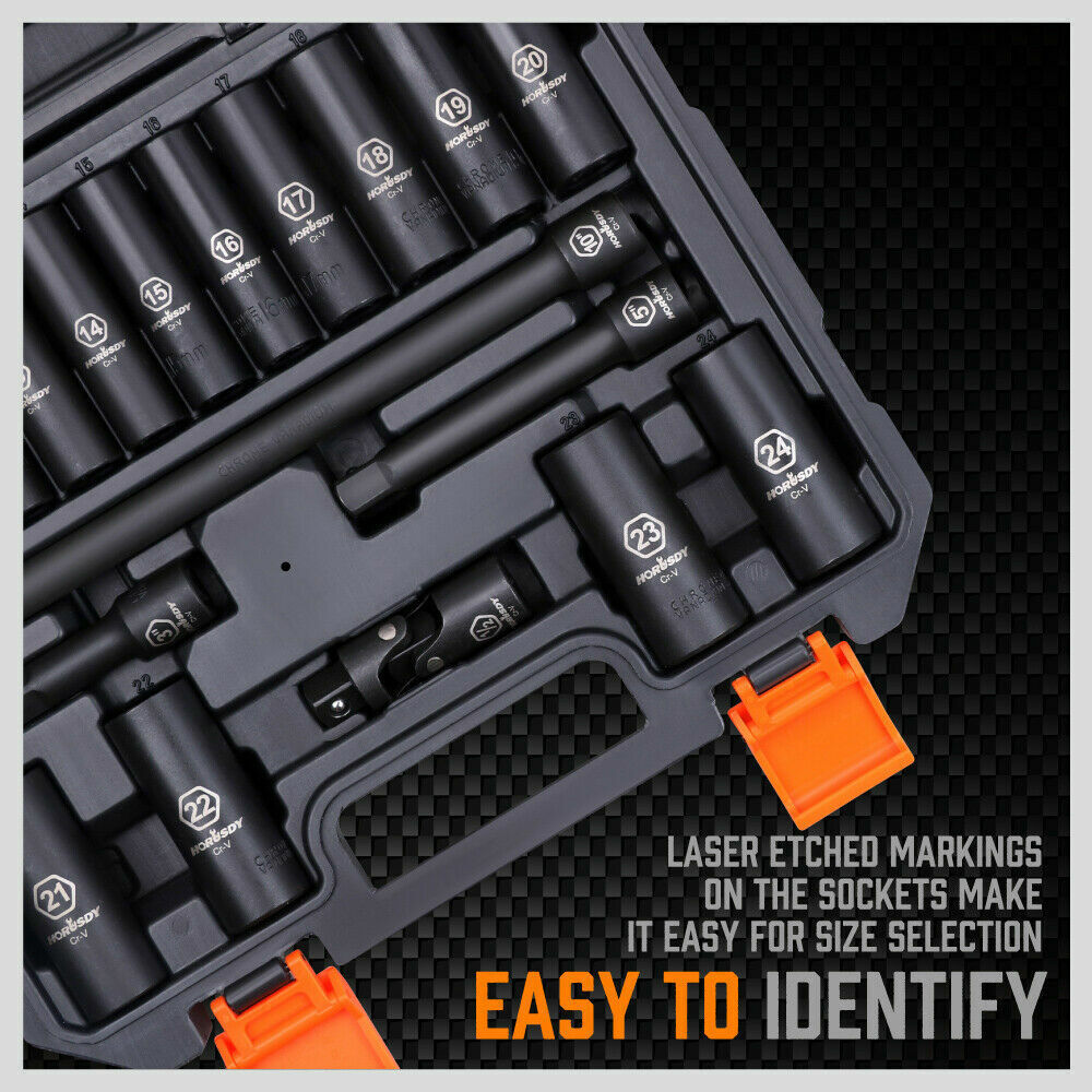 19Pc Deep Socket Set Impact 1/2" Drive Extension Bars Flexible Adapter ...